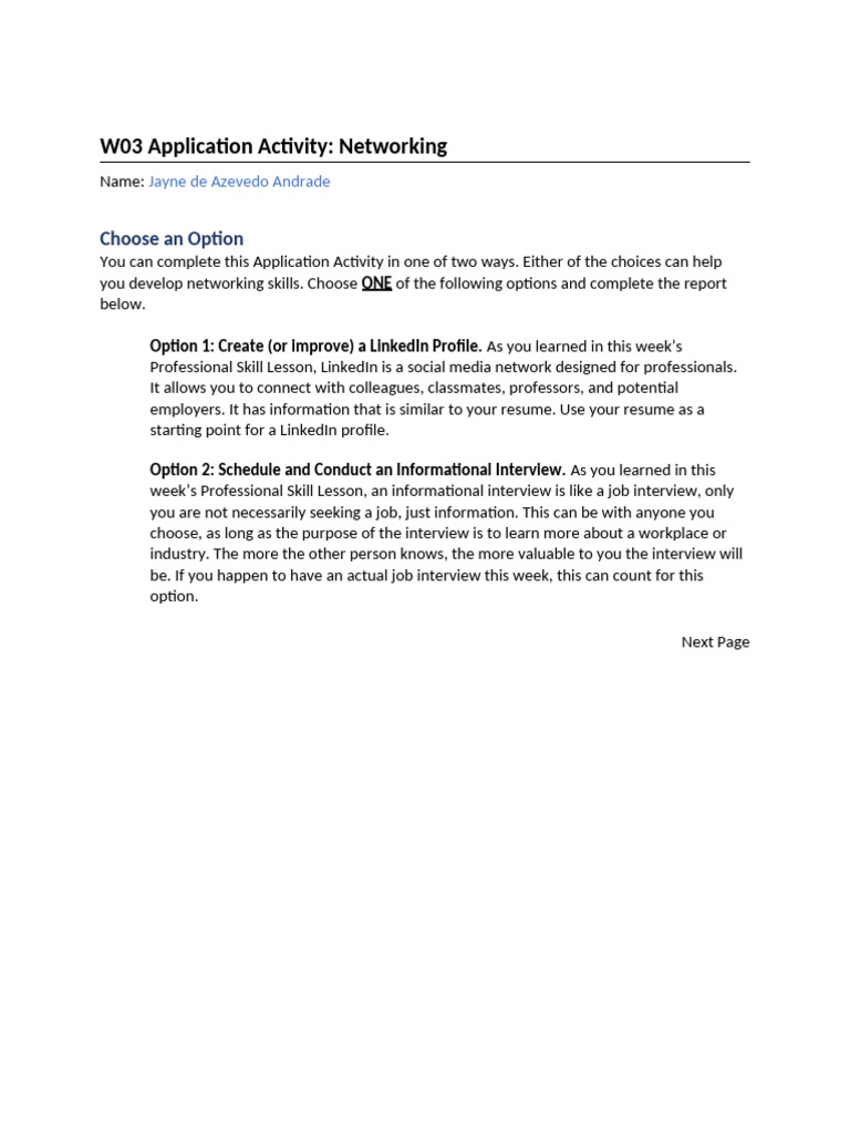 Pc102 w03 Document-Applicationactivity-networking-template | PDF | Linked In | Job Interview