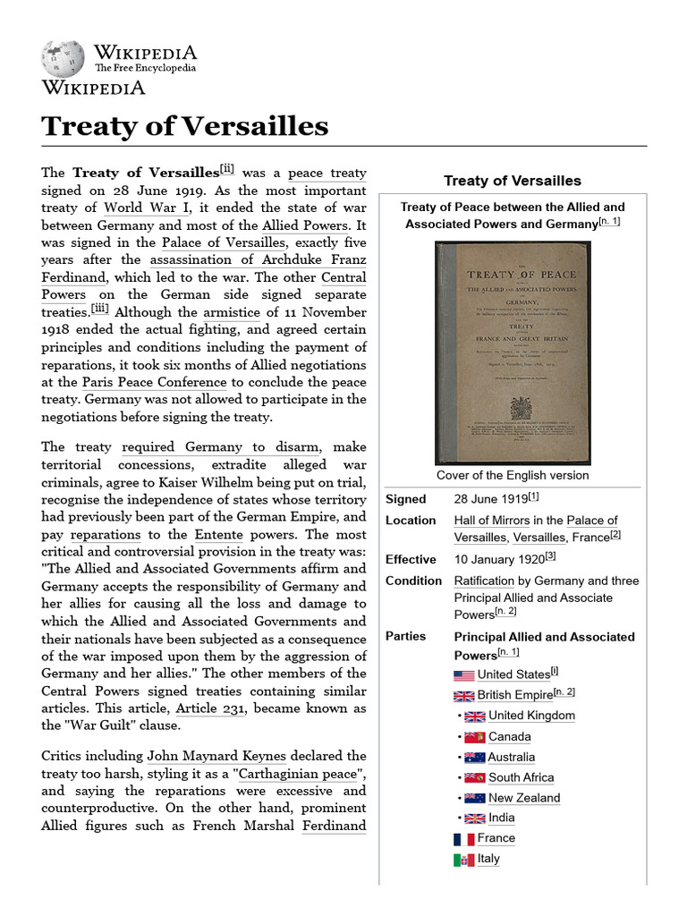 Treaty of Versailles | PDF | Treaty Of Versailles | World War I Reparations