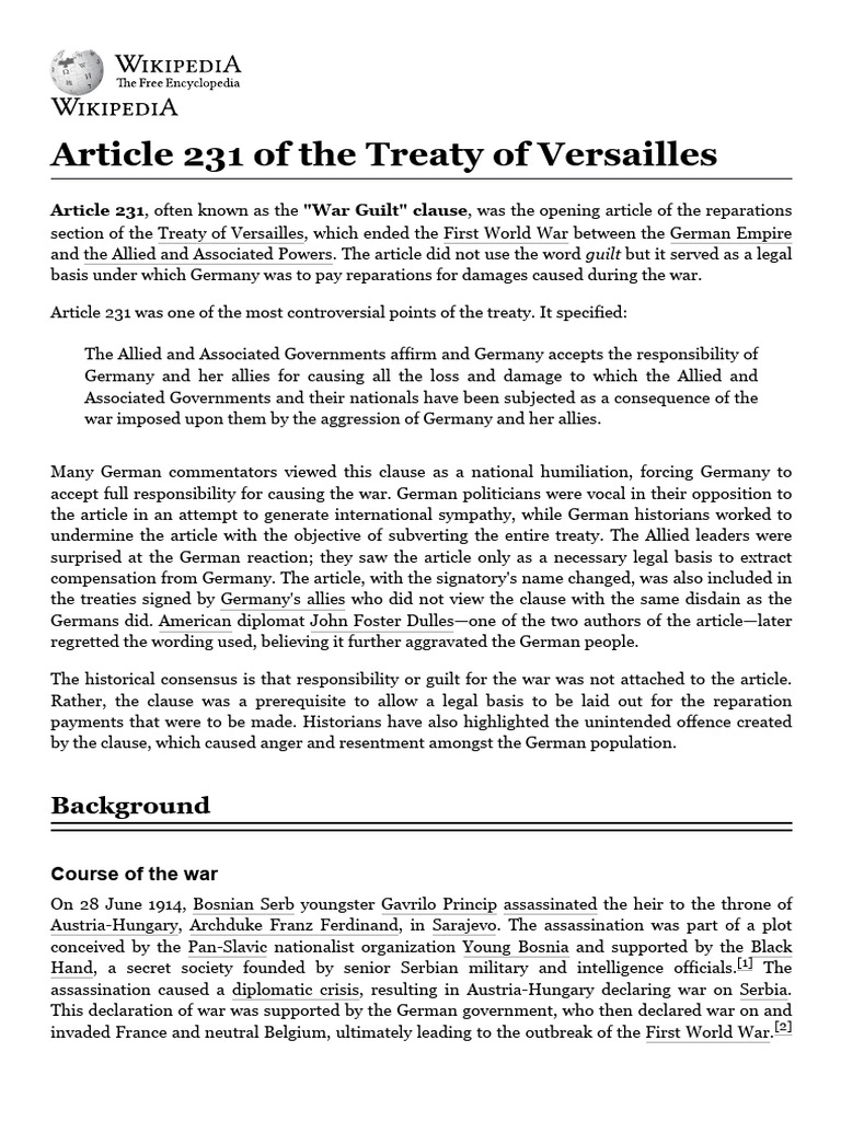 Article 231 of The Treaty of Versailles | PDF | World War I Reparations ...