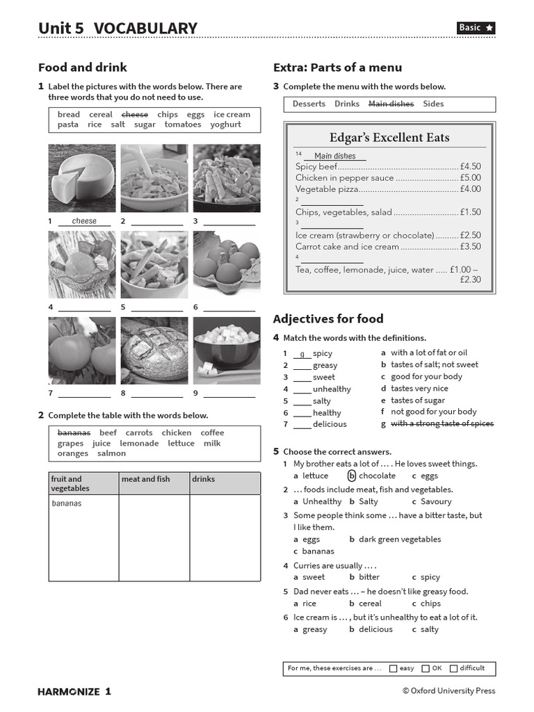 Harmonize 1 TRM Unit 5 Vocab Grammar Worksheets | PDF | Foods | Curry
