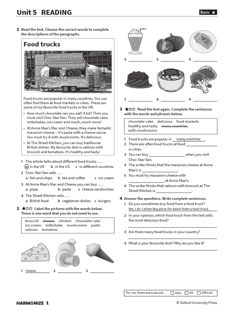 Harmonize 1 TRM Reading Unit 5 Worksheets | PDF | Food Truck | Hamburgers