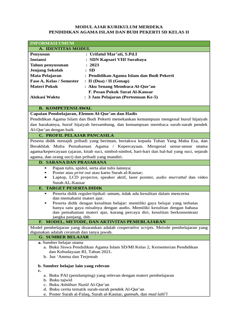 Modul Ajar PAI Kelas 2 SD Materi Memahami Pesan Pokok Surah Al Kausar | PDF | Karier ...