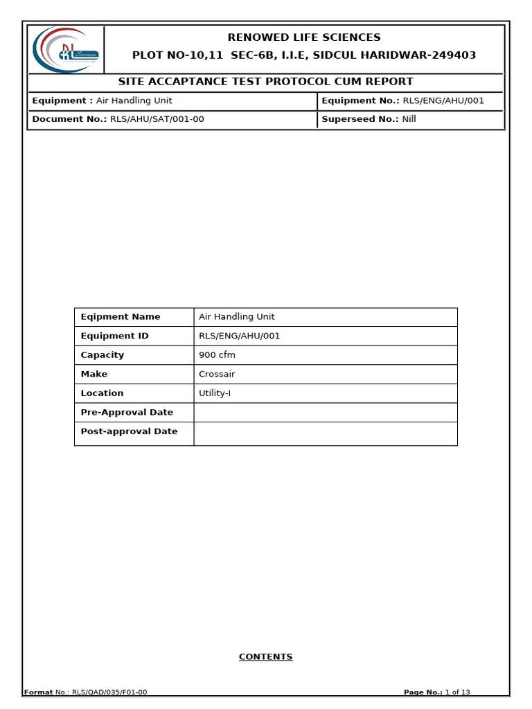 SAT of AHU-001 | PDF | Home Appliance | Manufactured Goods