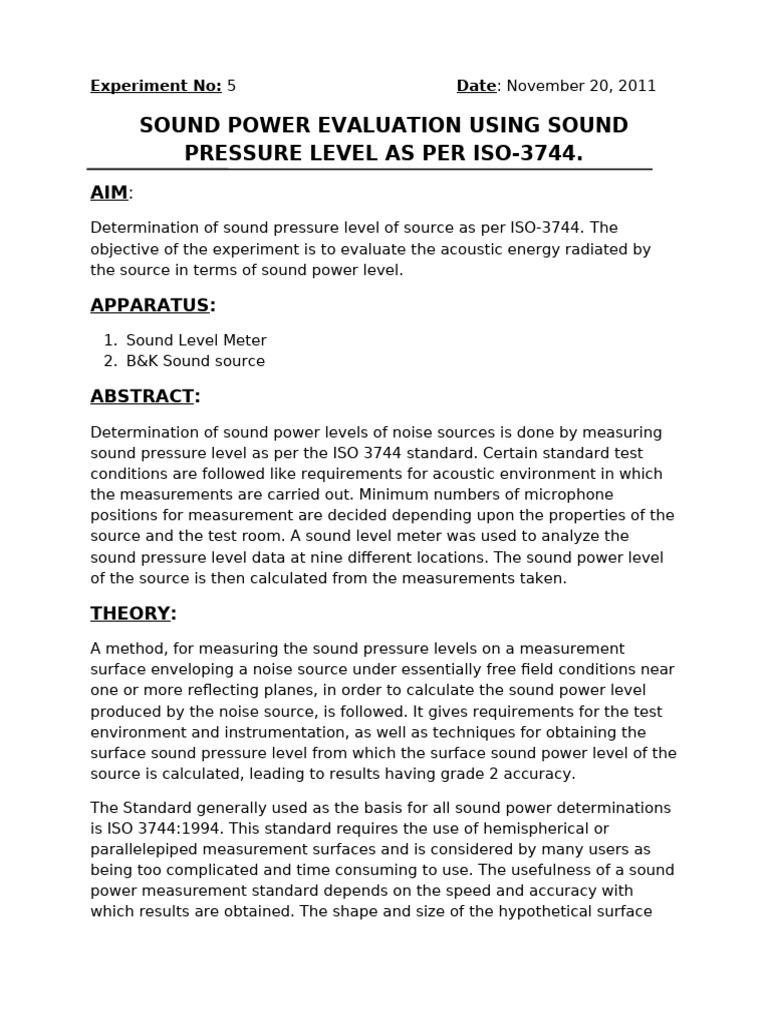 5 Evaluation of Sound Power Level Measurement by Sound Pressure Level ...