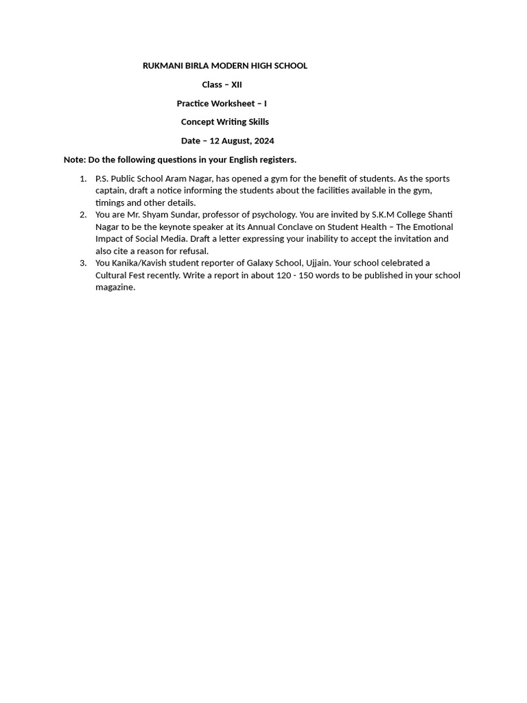 Practice Worksheet - 1 Class XII | PDF