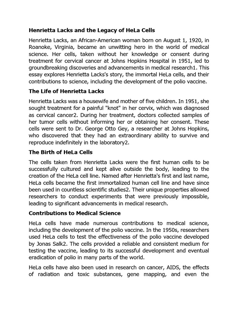 Henrietta Lacks and The Legacy of HeLa Cells | PDF | He La | Cancer