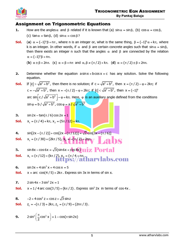 Trigonometric Eqn Assignment Ans And Sol Pdf Trigonometric