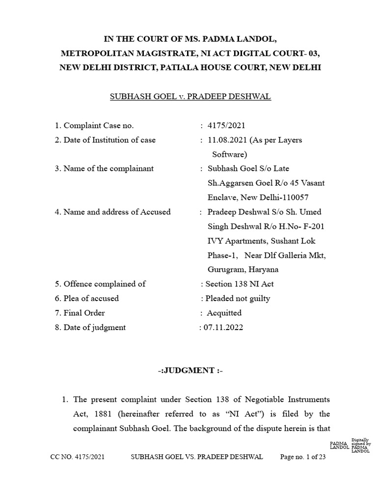 SUBHASH GOEL V PRADEEP DESHWAL JUDGMENT (Signed) | PDF | Cheque | Payments