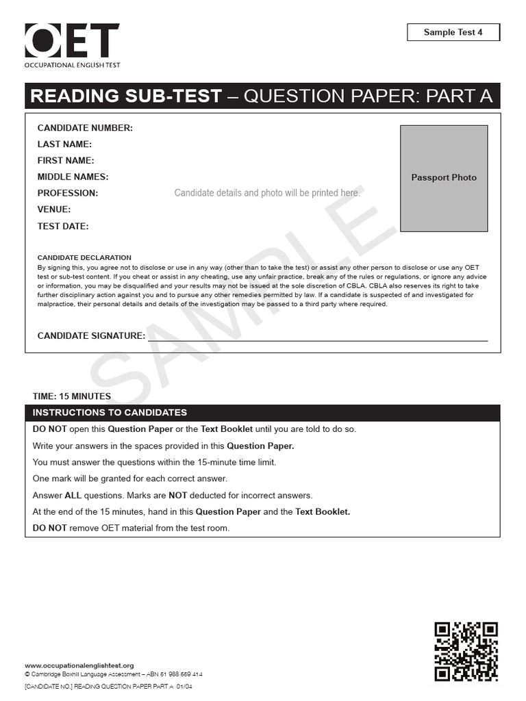 Sample Reading Sub-Test Task Booklet | PDF | Alzheimer's Disease | Wound