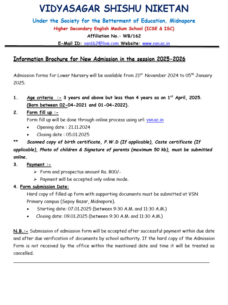 Information Brochure New Admission Form 2025-2026 | PDF