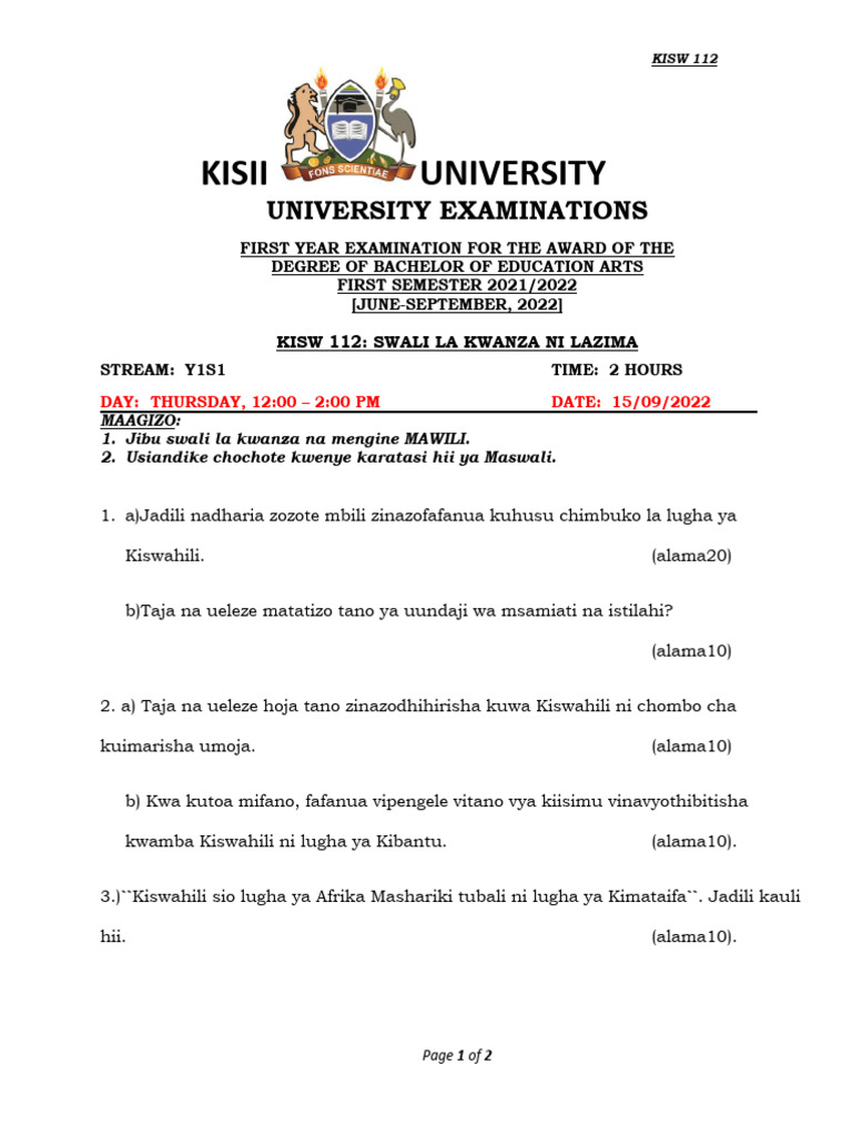 Kisw 112 Historia Na Maendeleo Ya Kiswahili | PDF