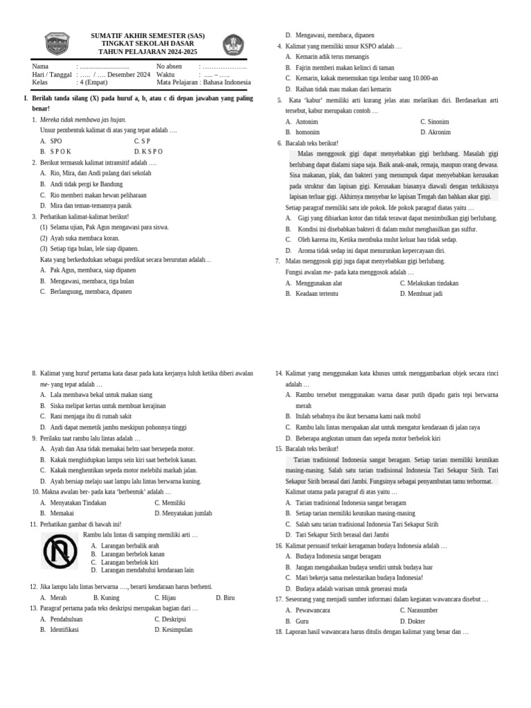 Soal INDO Kelas 4 Ganjil | PDF