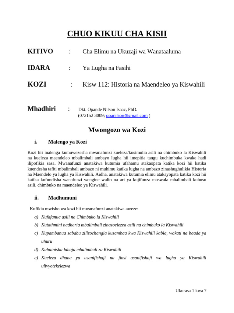 Mwongozo Wa KISW 112 | PDF