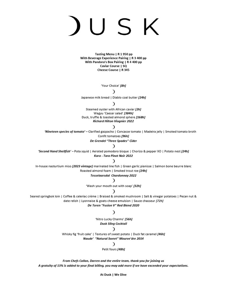 DUSK Tasting Menu April 2024 | PDF | Foods | Cuisine