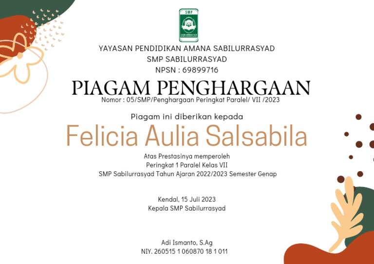 Putih Modern Floral Minimalis Piagam Penghargaan Felicia | PDF