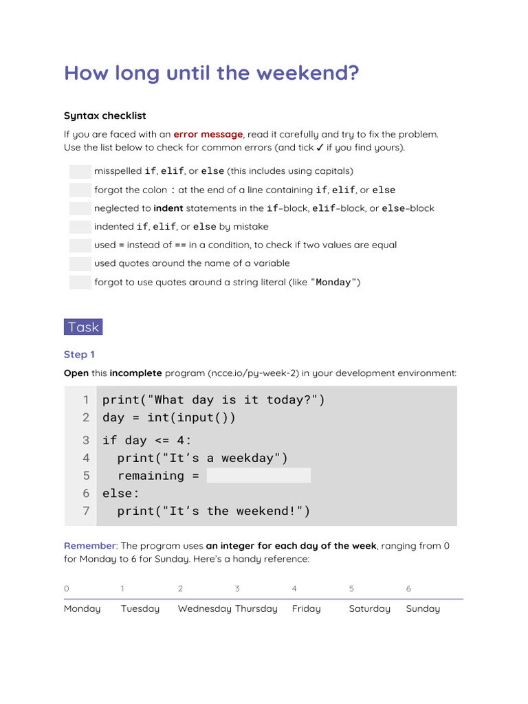 A2 Worksheet - How Long Until The Weekend | PDF | Software Development | Computer Science