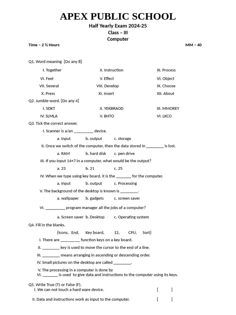 APEX PUBLIC SCHOOL 3rd Computer | PDF | Technology & Engineering