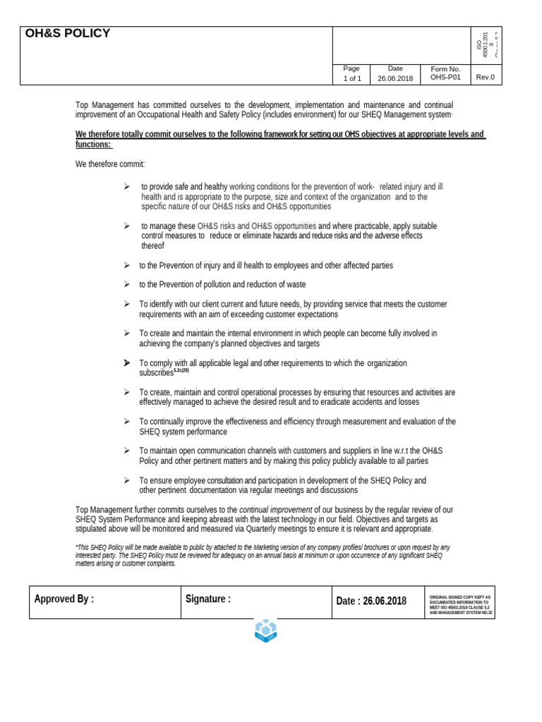 OH - S Policy ISO 45001.clause 5.2 | PDF | Risk | Occupational Safety ...