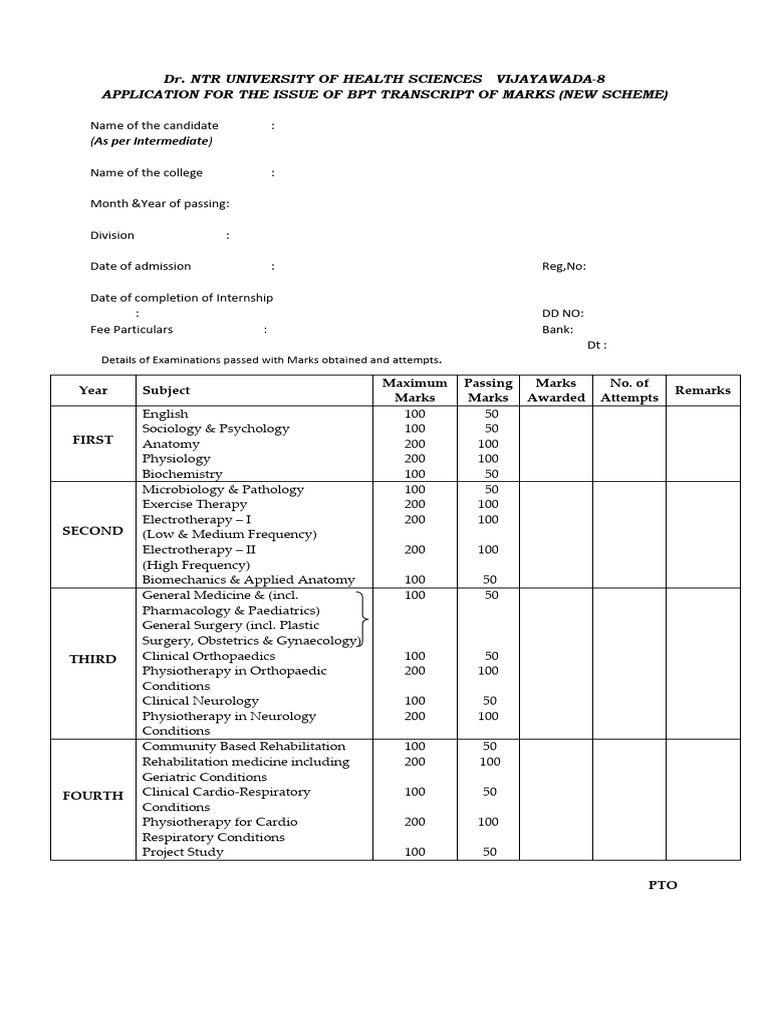 Application For The Issue of BPT Transcript of Marks (New Scheme) | PDF ...