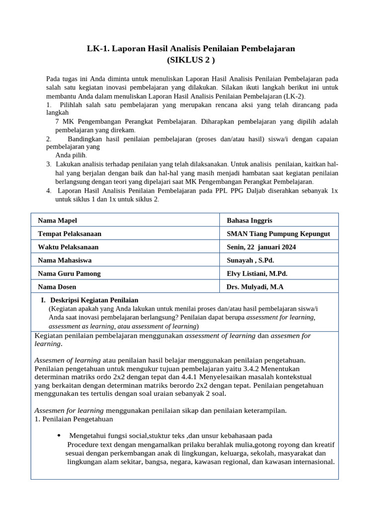 LK.1. Laporan Hasil Analisis Penilaian Pembelajaran (SIKLUS 2) | PDF
