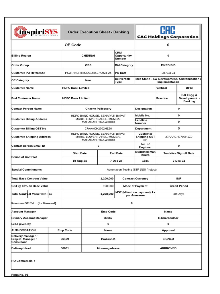 HDFC Bank Order Execution Sheet 2024 | PDF | Economies | Business