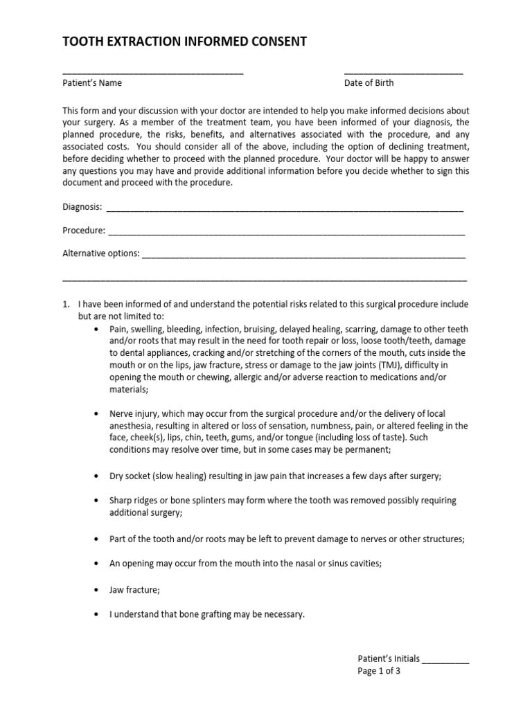Tooth Extraction Informed Consent PDF | PDF | Anesthesia | Surgery