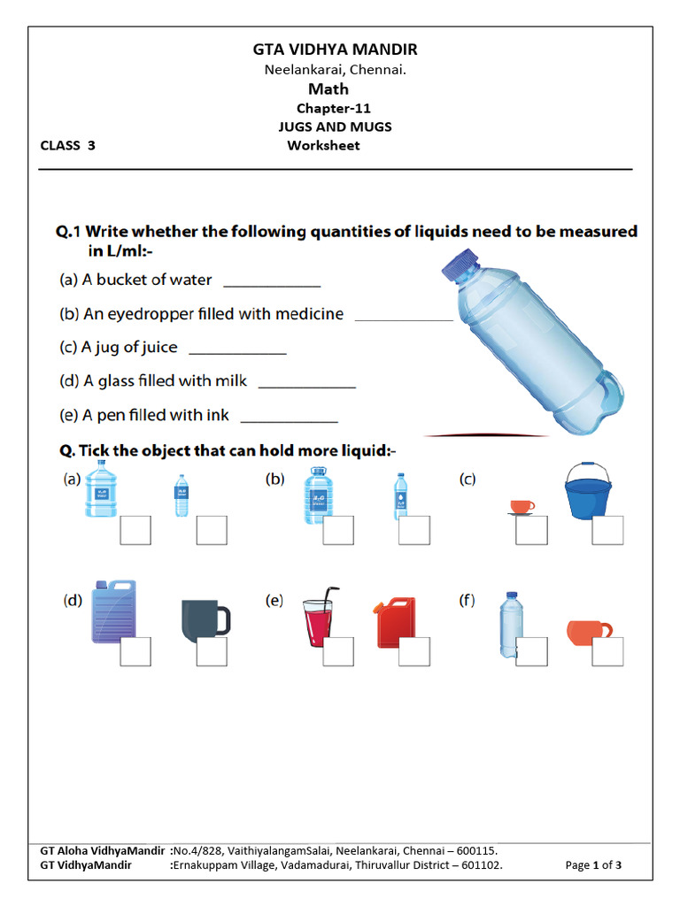 Class 3 Math Worksheet: Jugs and Mugs | PDF