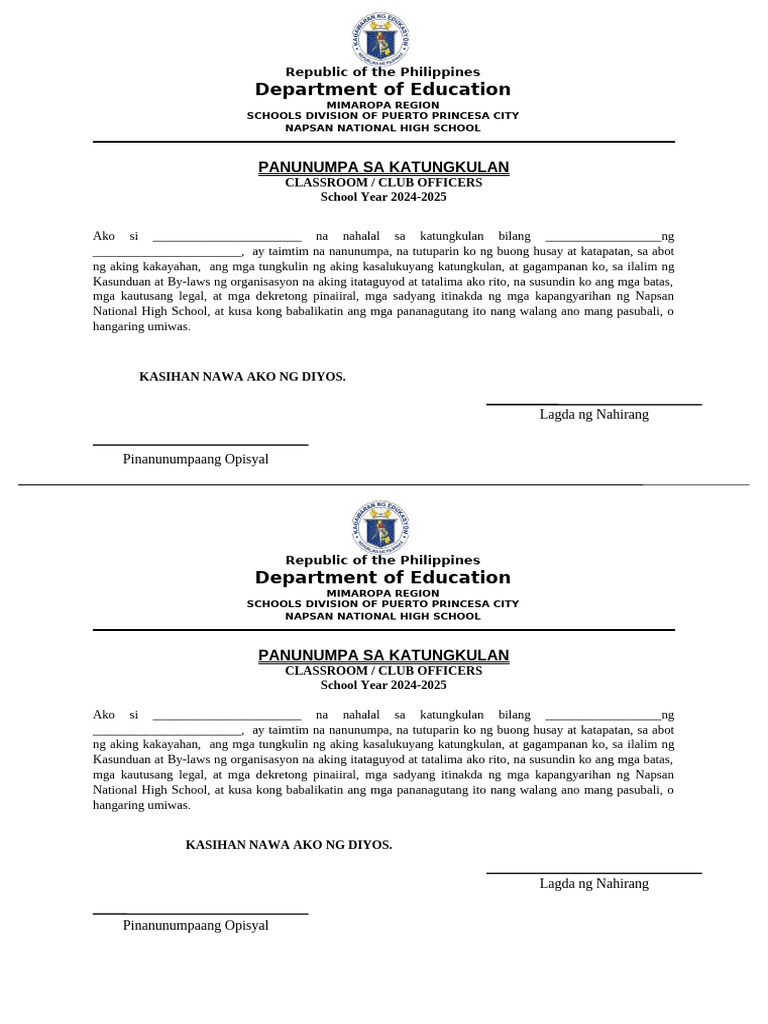 Panunumpa Sa Katungkulan Classroom Club Officers | PDF