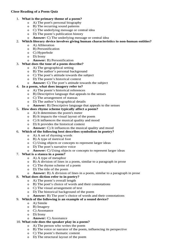 Close Reading of A Poem Quiz | PDF | Poetry | Poetics