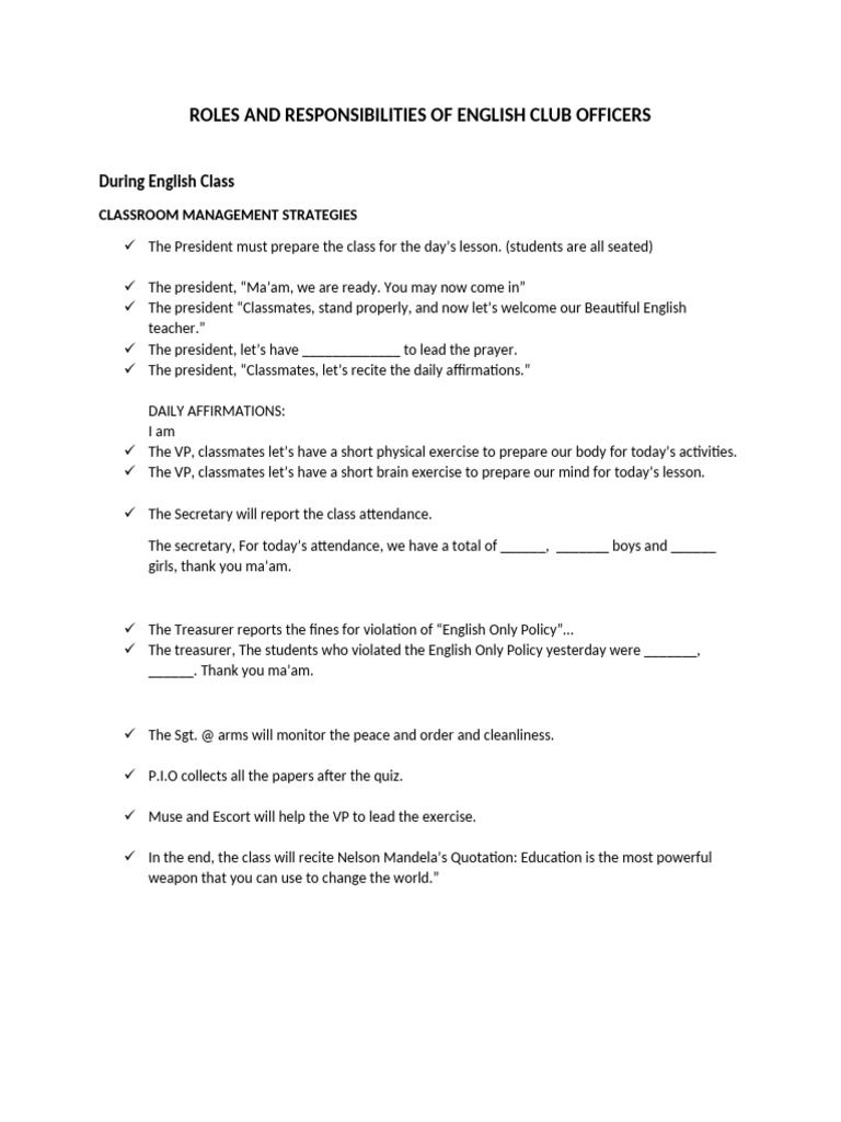 Roles and Responsibilities of English Club Officers | PDF