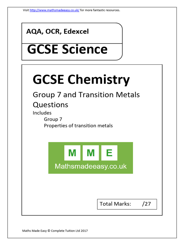 GCSE Chemistry AQA OCR EDEXCEL. The Periodic Table Group Seven and ...