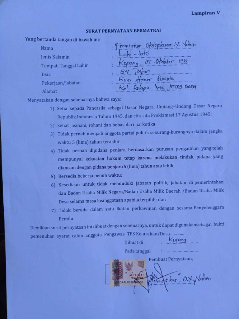 Surat Pernyataan Bermaterai - Fransiskusndoen - Kelapalima - 06 | PDF