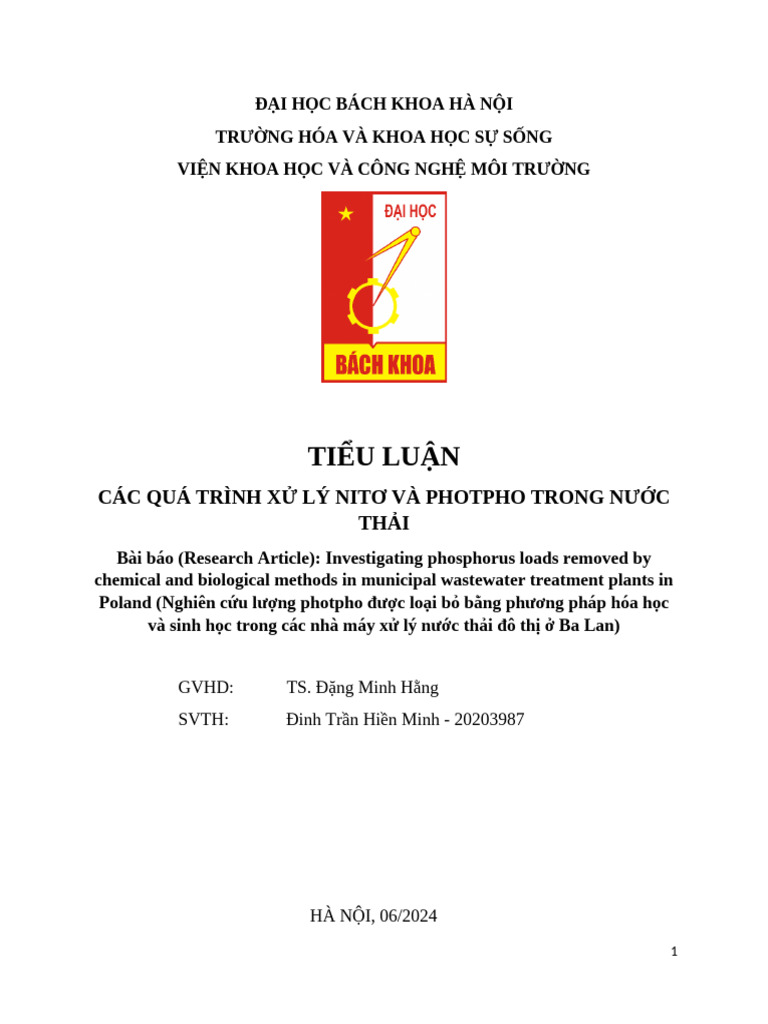 Tiểu luận Xử lý Nito vs Photpho trong nước thải | PDF