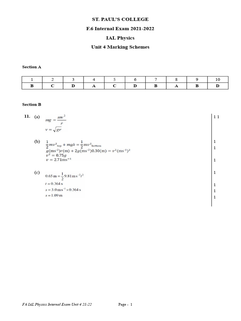 1 - F6 - IAL Phy - Internal - Unit 4 - Marking - 21-22 | PDF
