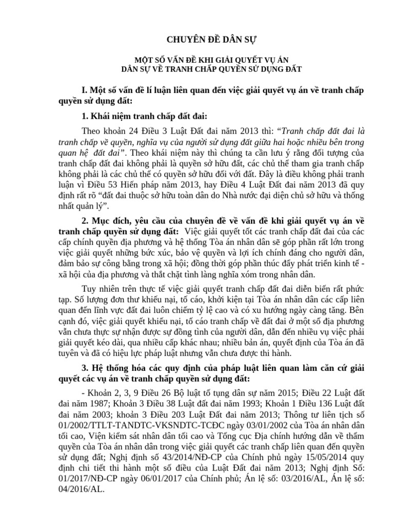 Chuyen de Mot So Van de Khi Giai Quyet Cac Vu An Dan Su Tranh Chap Quyen Su Dung Dat ...
