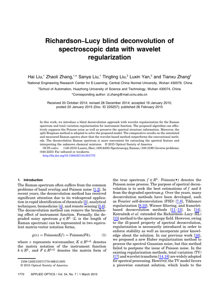 Richardson-Lucy Blind Deconvolution of Spectroscopic Data With Wavelet Regularization | PDF ...