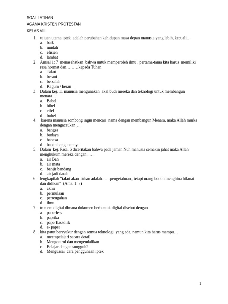 Viii - Soal Latihan Agama Kristen Protestan | PDF | Karier & Perkembangan