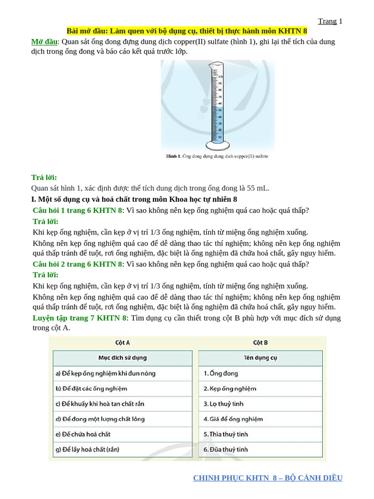 Khtn 8- Đáp Án Câu Hỏi Sgk - Cánh Diều | PDF