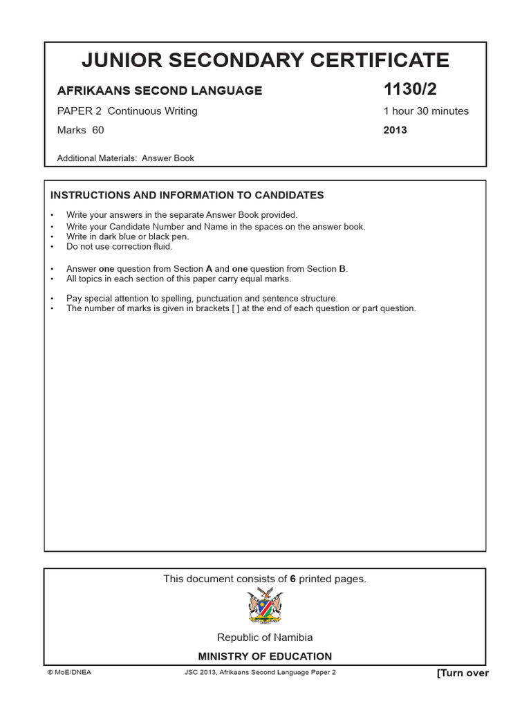 Junior Secondary Certificate: Afrikaans Second Language | PDF