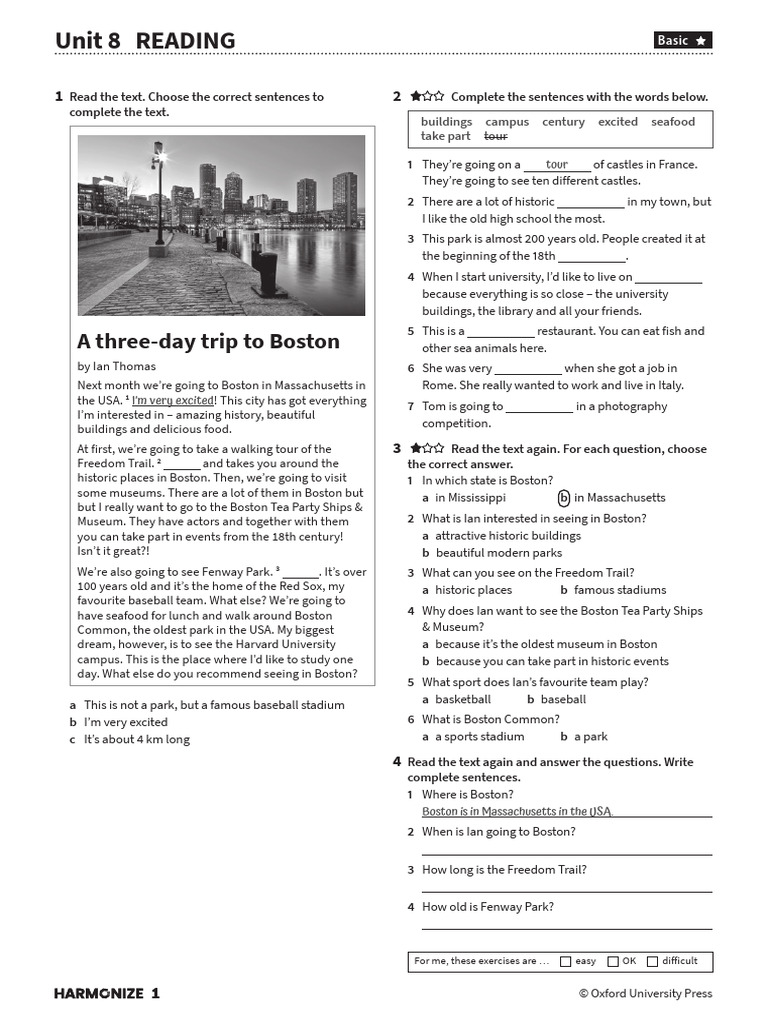 Harmonize 1 TRM Reading Unit 8 Worksheets | PDF | Boston | Fenway Park
