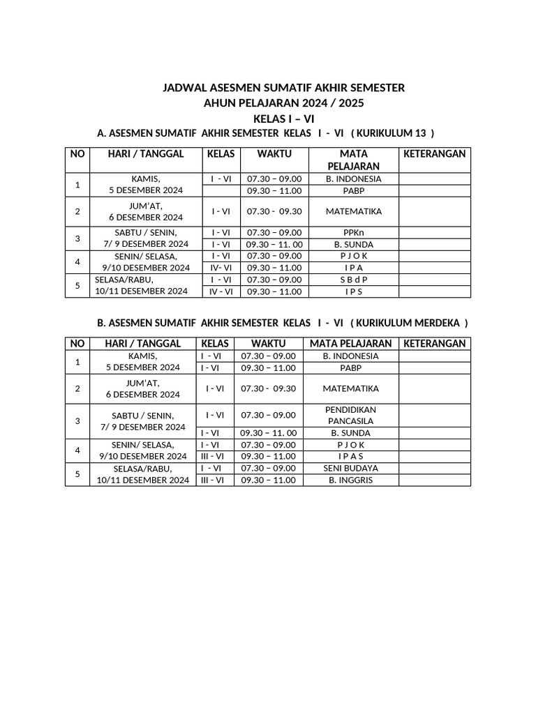 Jadwal Asesmen Sumatif Akhir Semester | PDF