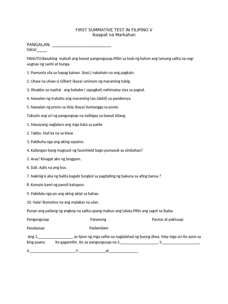 First Summative Test in Filipino V | PDF