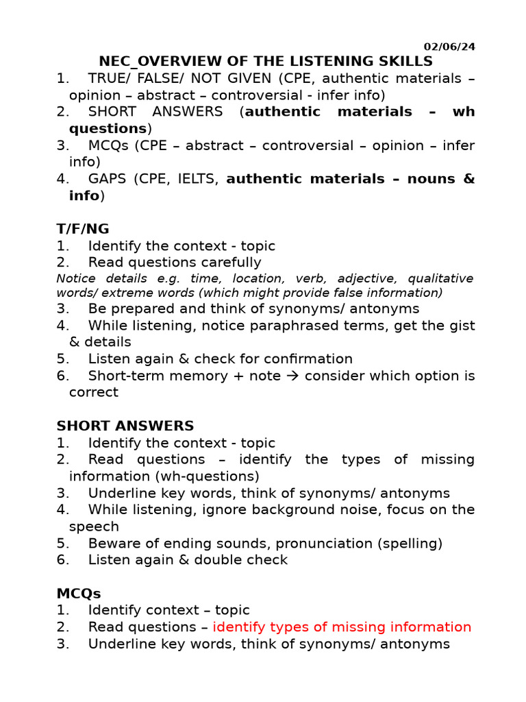 Listening Skills Overview and Strategies | PDF | Language Arts & Discipline