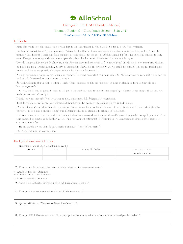 Examen Regional de Francais Casablanca Settat Juin 2021 5 | PDF