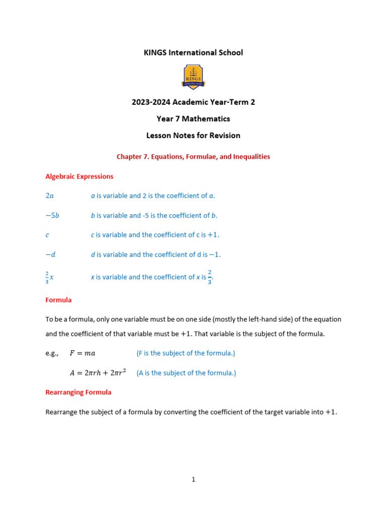 Year 7 Term 2 Lesson Notes For Revision | PDF | Equations | Variable ...