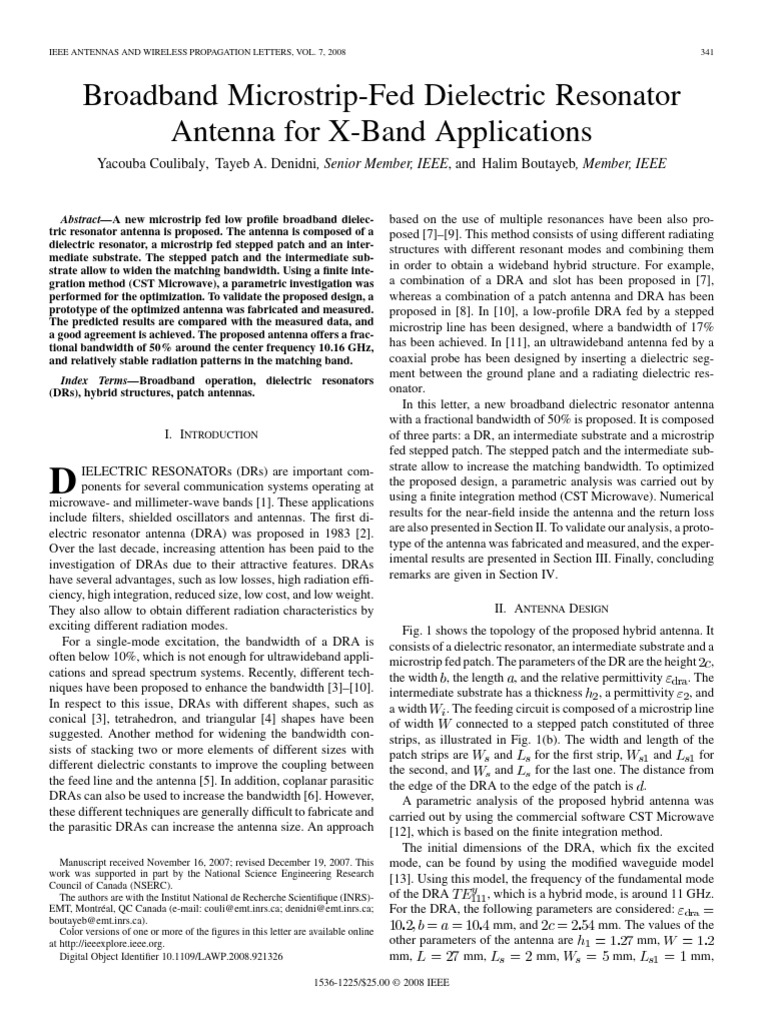 Broadband Microstrip-Fed Dielectric Resonator | PDF | Antenna (Radio ...