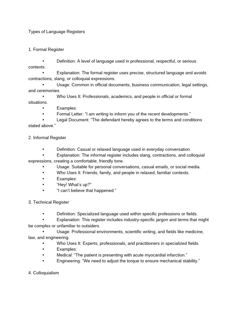 Types of Language Registers | PDF | Jargon | Human Communication