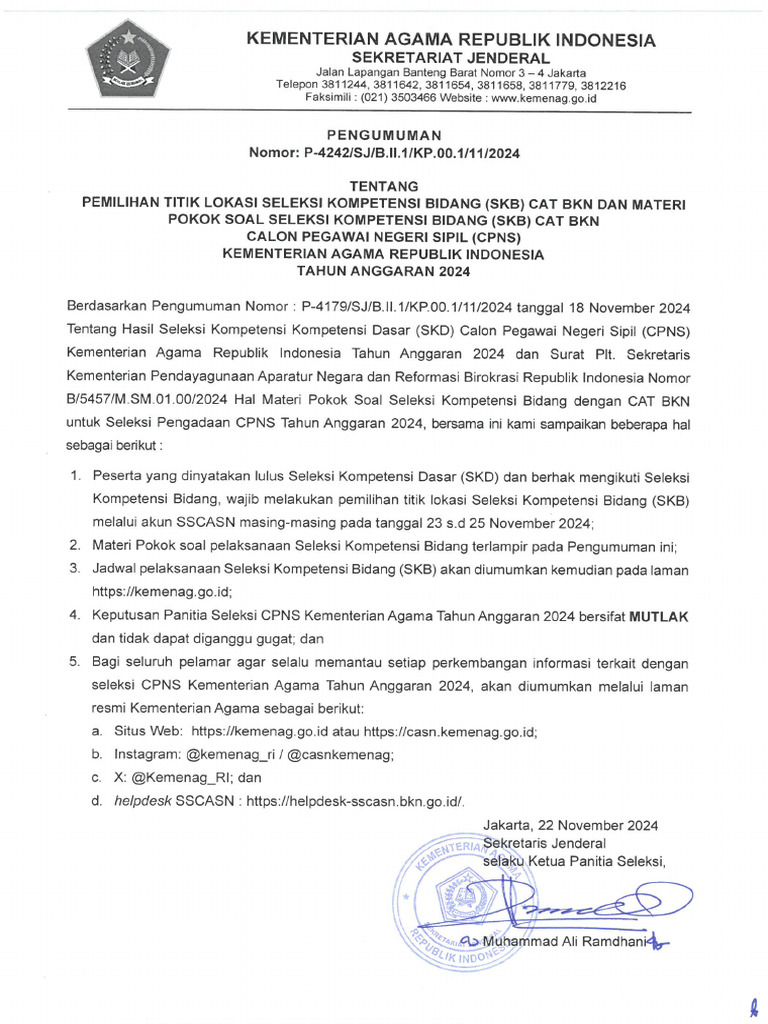 Pengumuman Pemilihan Titik Lokasi SKB Cat BKN Dan Materi Pokok Soal SKB Cat BKN Cpns Ta 2024pdf ...