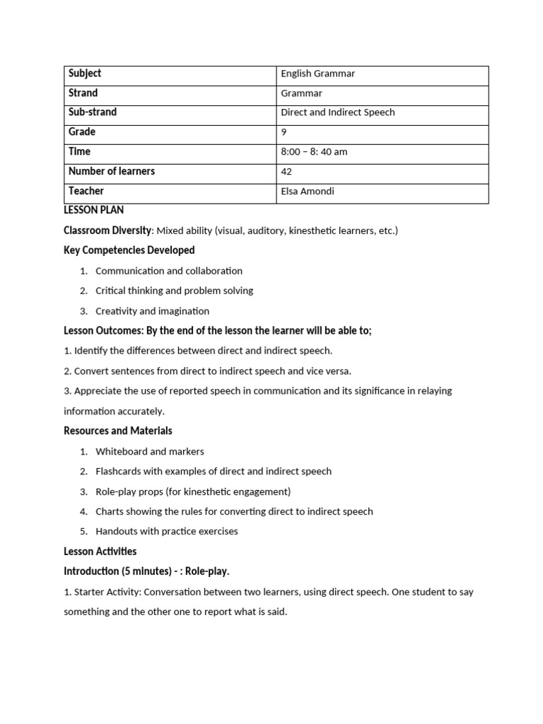 Grade 9 Lesson Plan: Direct & Indirect Speech | PDF | Learning ...