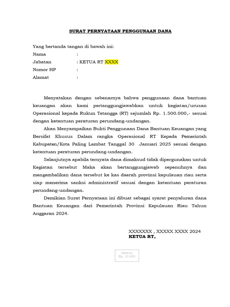Surat Pernyataan Penggunaan Dana RT, RW | PDF | Pengelolaan Keuangan & Uang | Hukum